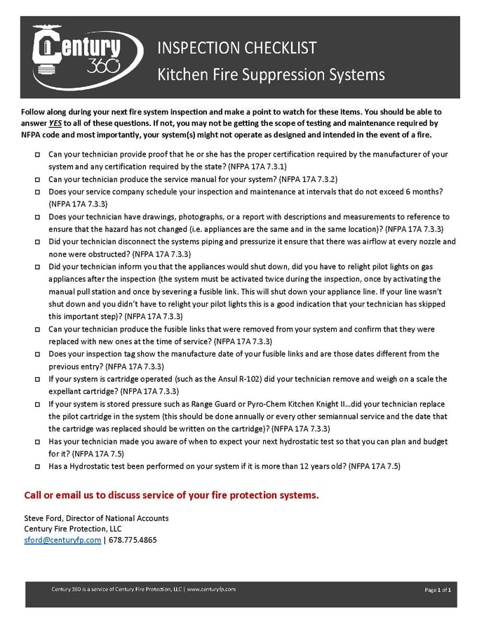 Inspection Checklist: Kitchen Fire Suppression Systems